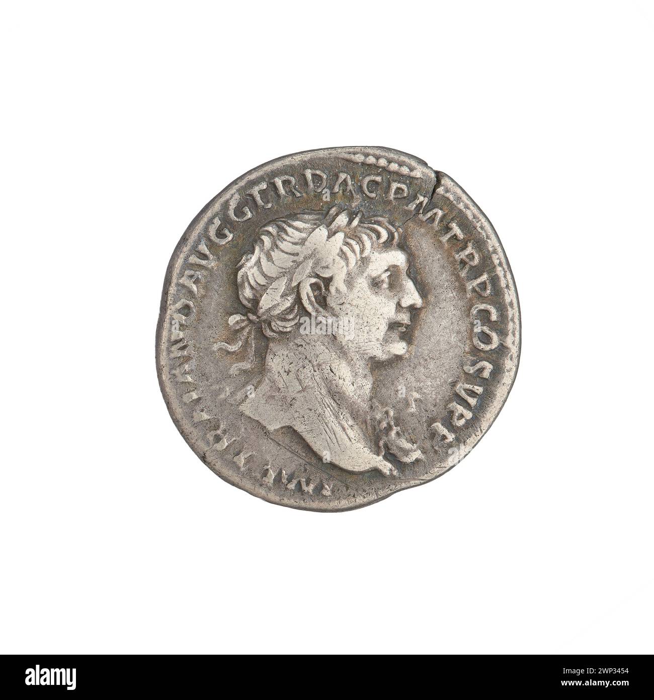 Roman denarius minted 103-111 AD depicting Pax with a scepter, heads ...