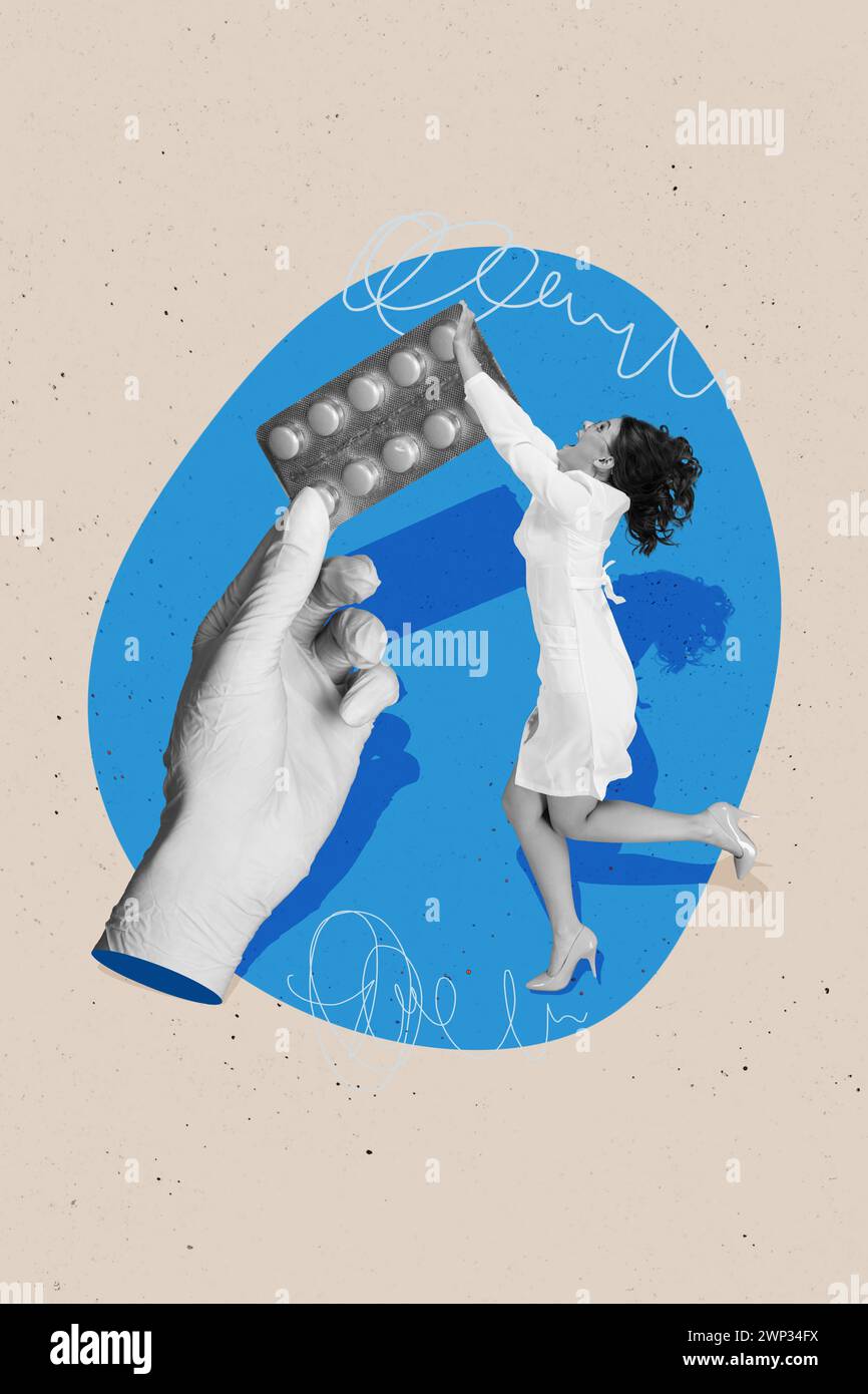Vertical creative collage image of funny girl doctor hanging pills ...