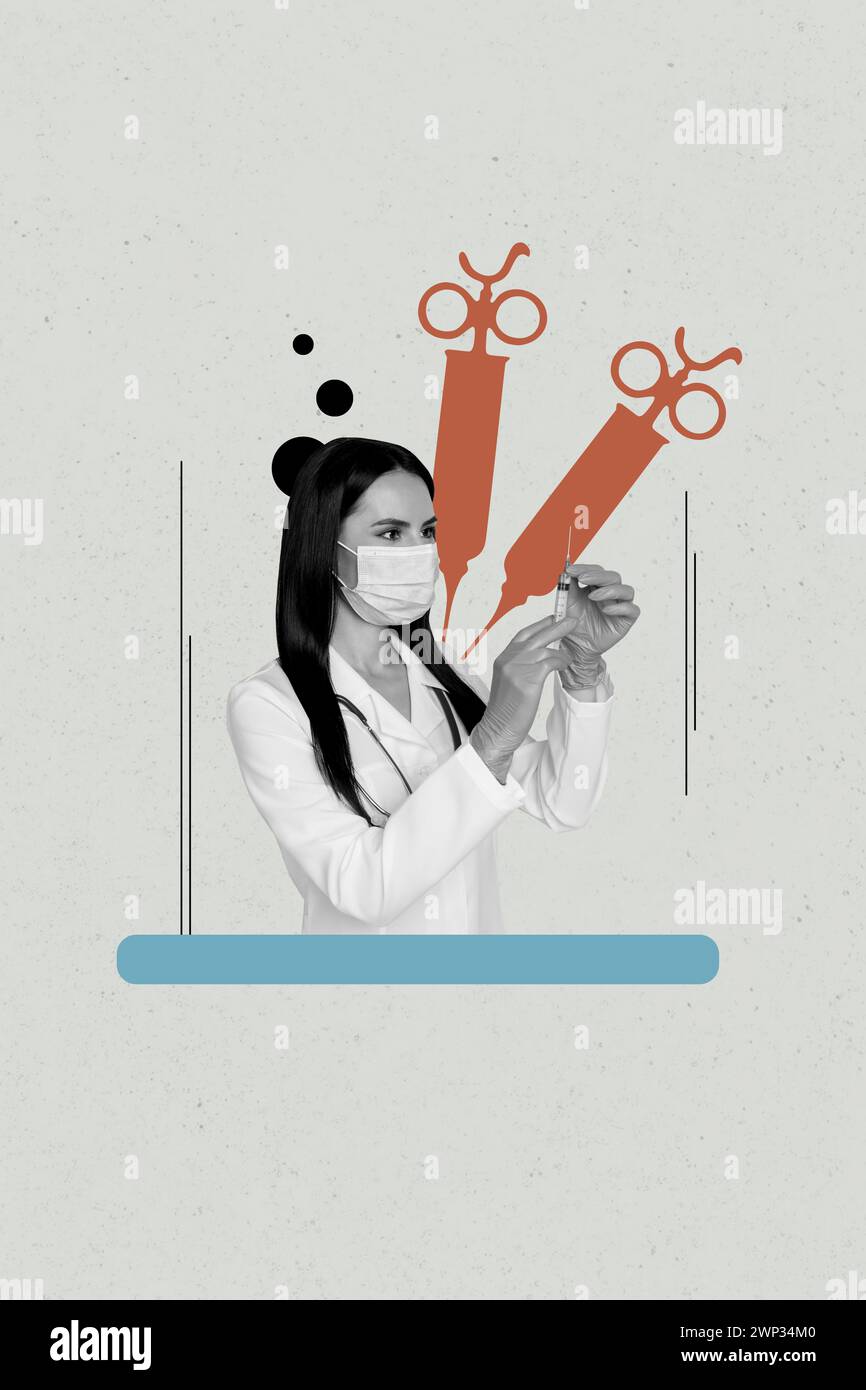 Collage sketch of young woman doctor prepare vaccination antidote for ...