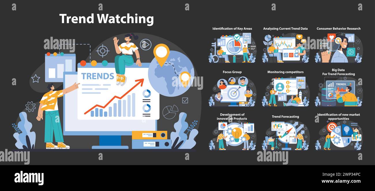 Trend watching dark or night mode set. Specialist tracking new business ...