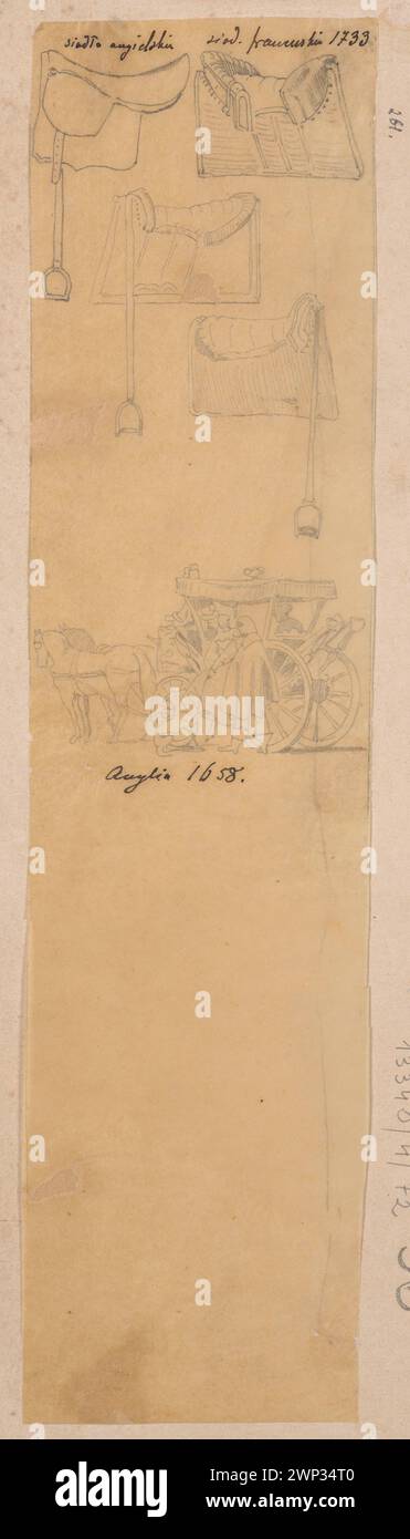 Illustration showing an English carriage from 1658, an English saddle ...