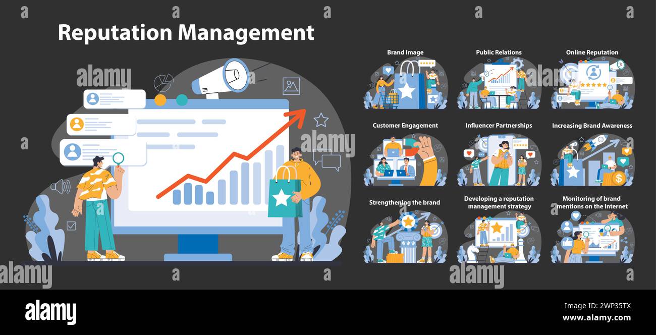 Reputation management dark or night mode set. Building relationship ...
