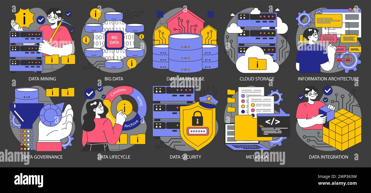 Information management dark or night mode set. Data mining, storage, processing and security ...