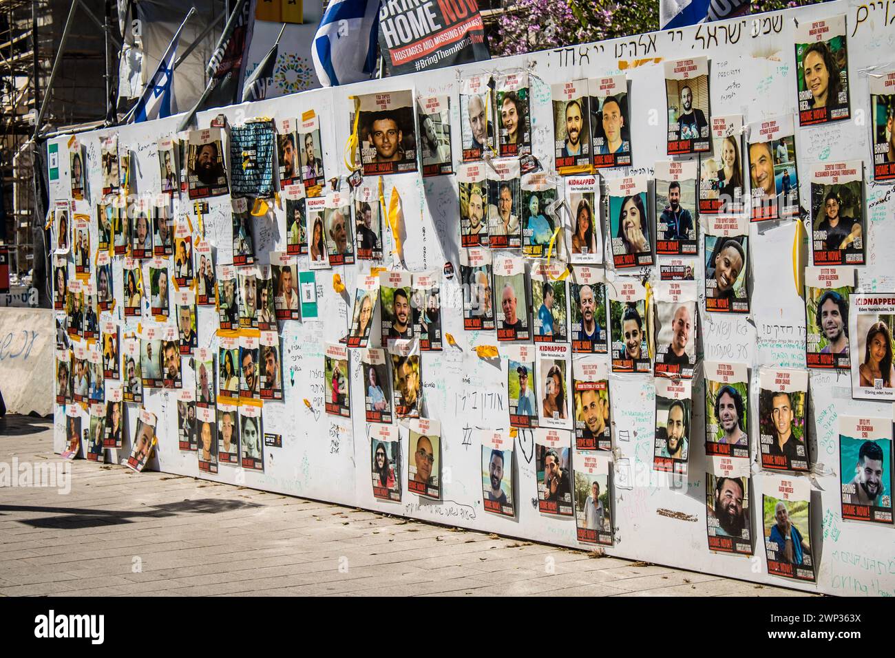 Tel Aviv, Israel, March 4, 2024 Posters depicting the faces of hostages ...
