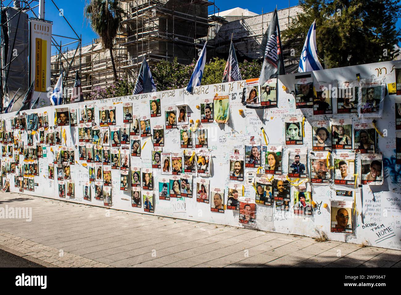 Tel Aviv, Israel, March 4, 2024 Posters depicting the faces of hostages ...