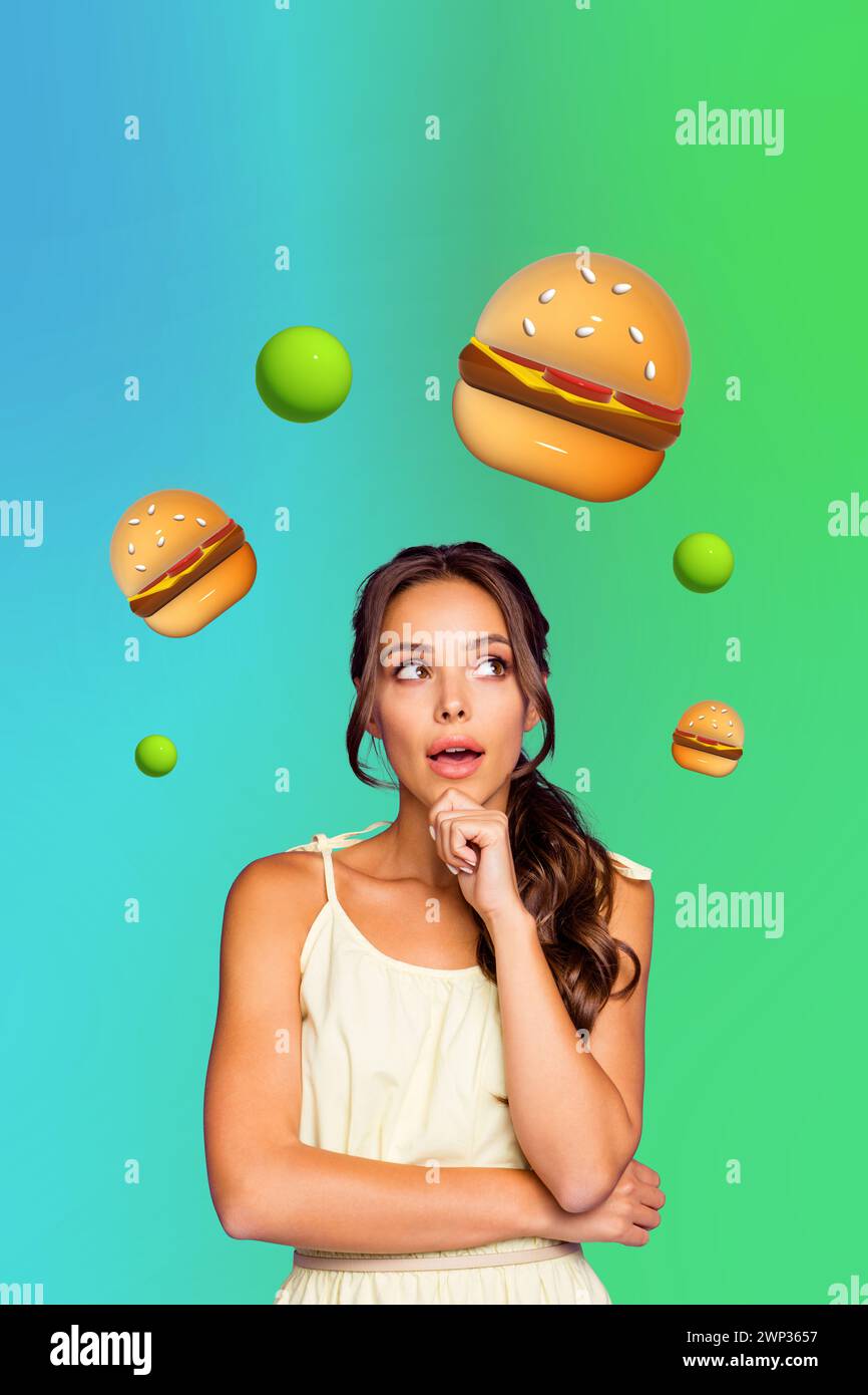 Drawing digital artwork collage of thoughtful girl thinking about ...