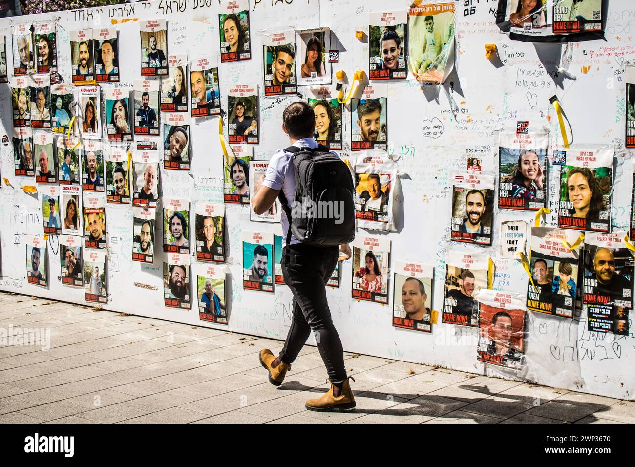 Tel Aviv, Israel, March 4, 2024 Posters depicting the faces of hostages ...