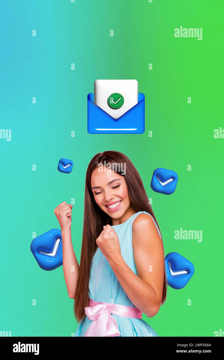 Digital creative collage template of happy girl receive letter with ...