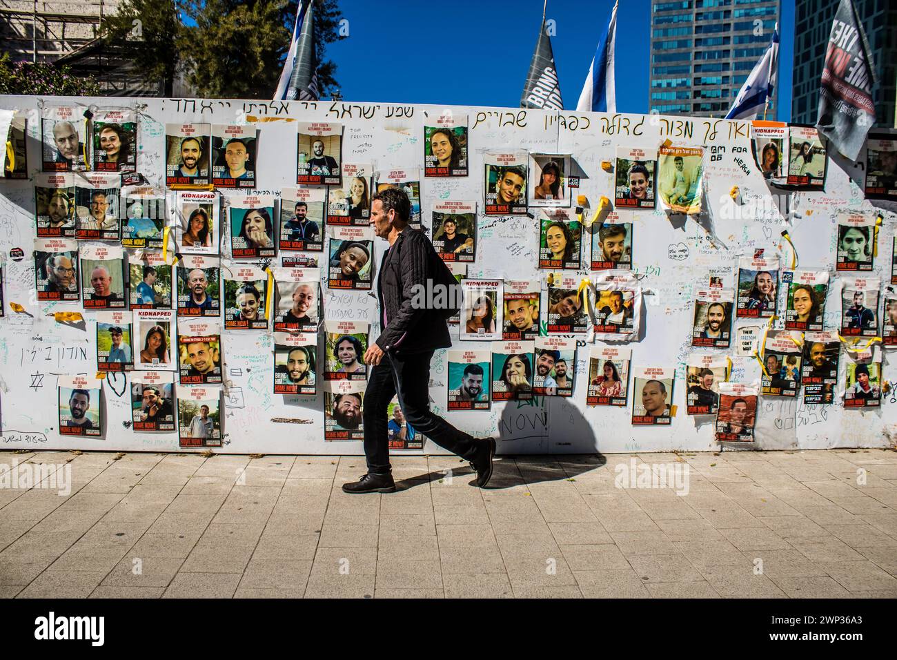 Tel Aviv, Israel, March 4, 2024 Posters depicting the faces of hostages ...