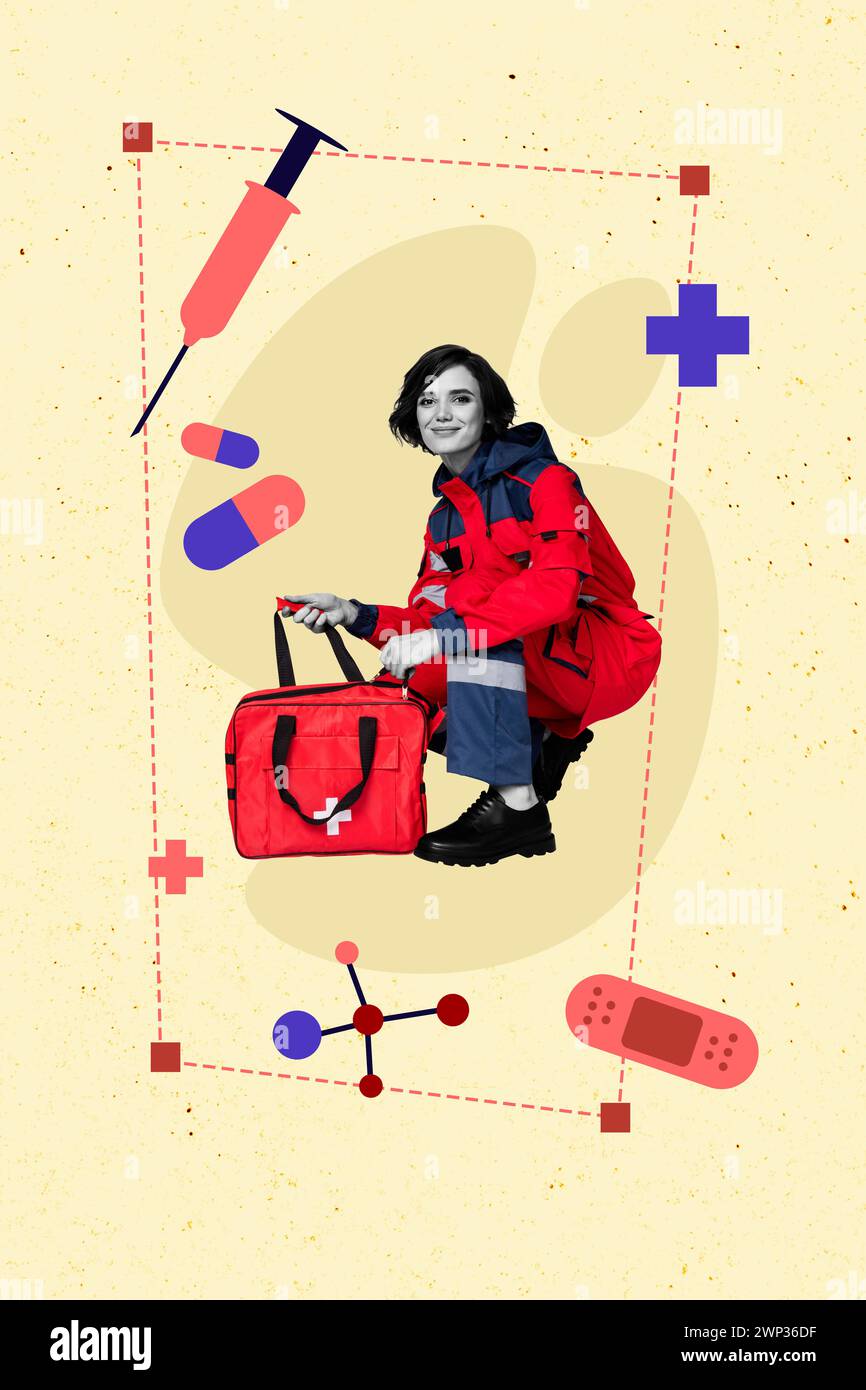 Collage sketch image of young cute lovely woman doctor paramedic wear ...