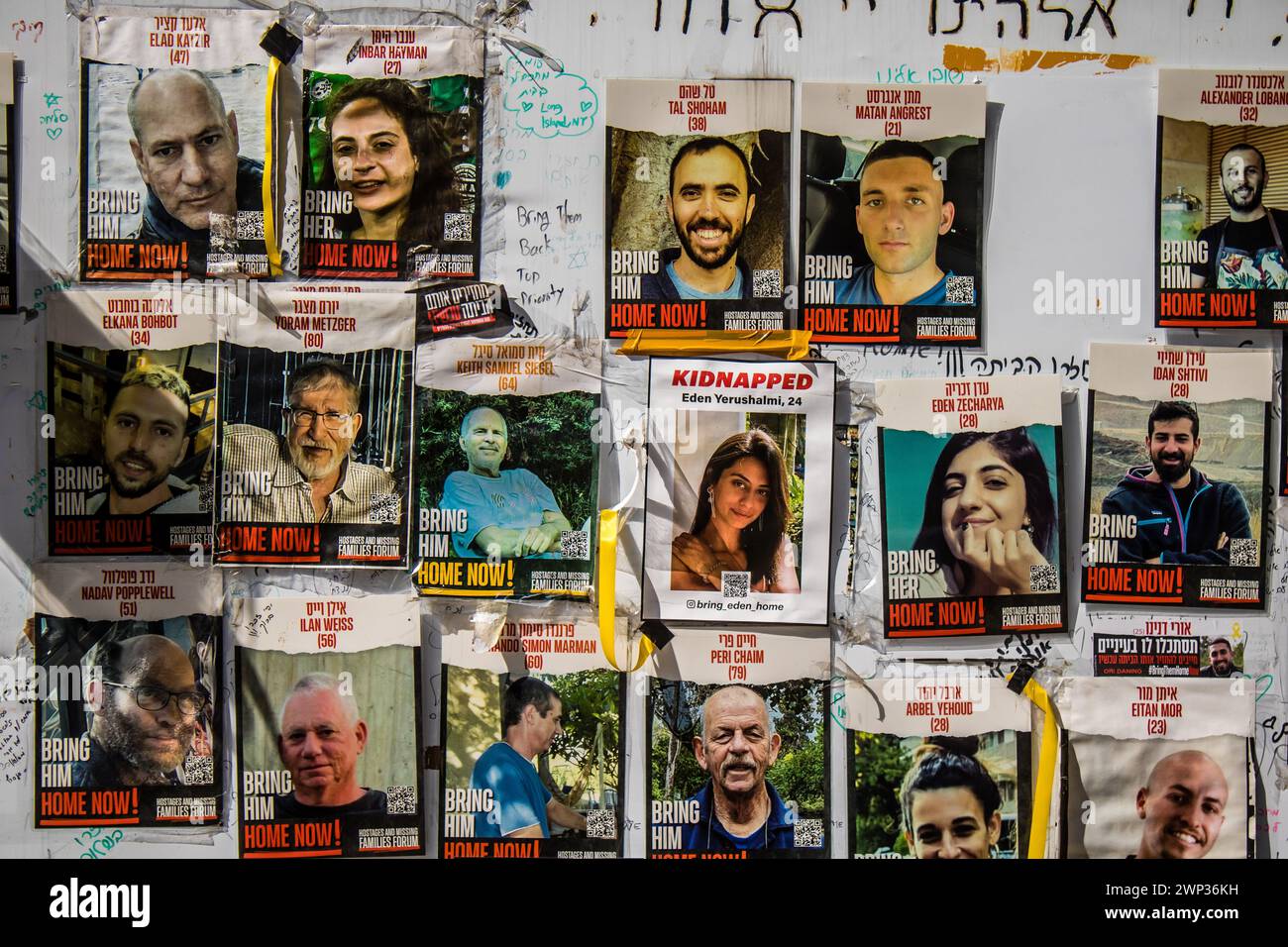 Tel Aviv, Israel, March 4, 2024 Posters depicting the faces of hostages ...