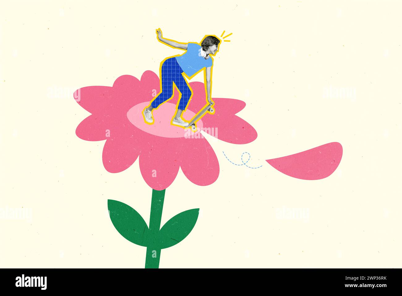 Collage minimal picture of funky lady riding long board flower petals ...