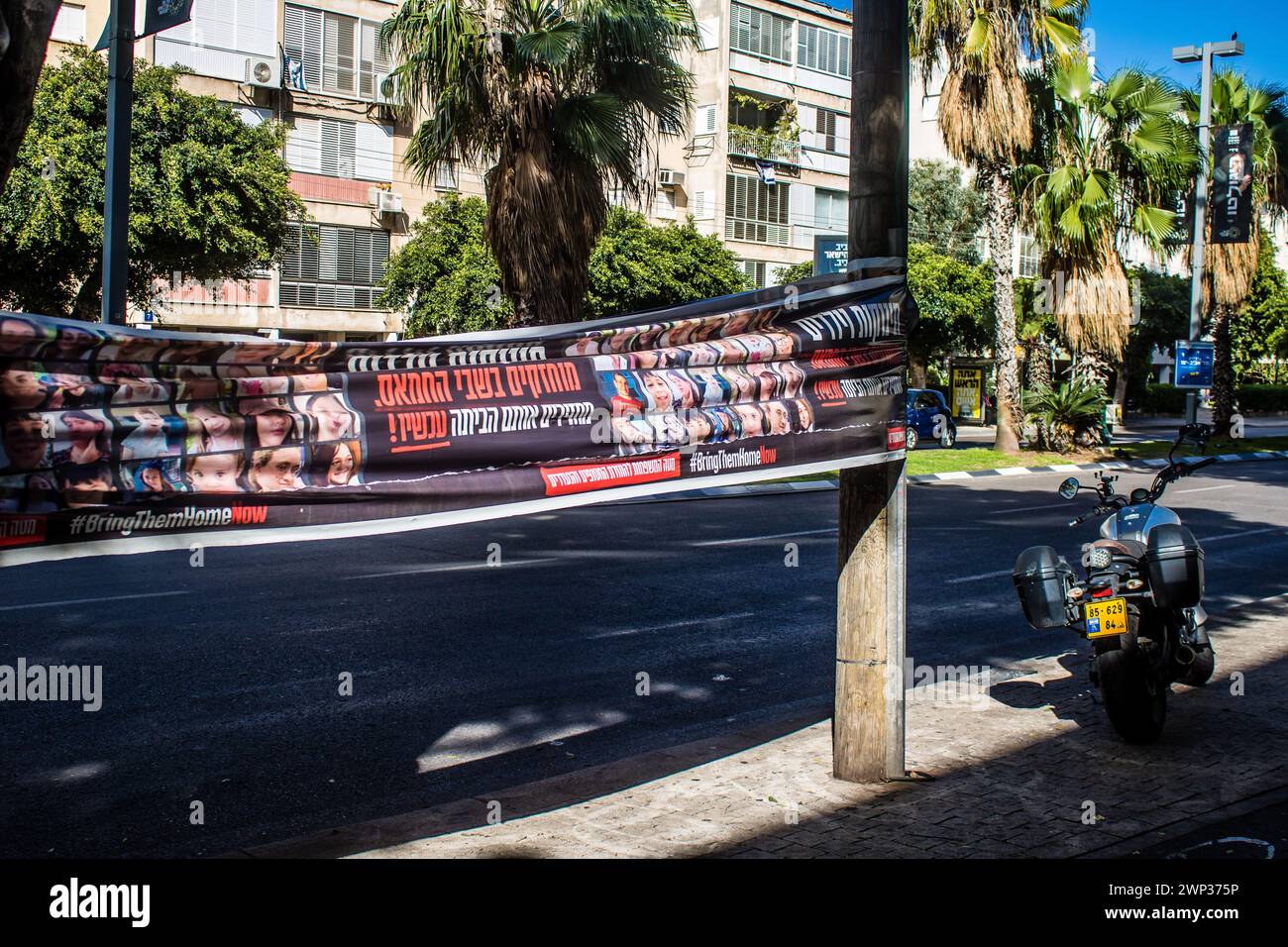 Tel Aviv, Israel, March 4, 2024 Posters depicting the faces of hostages ...