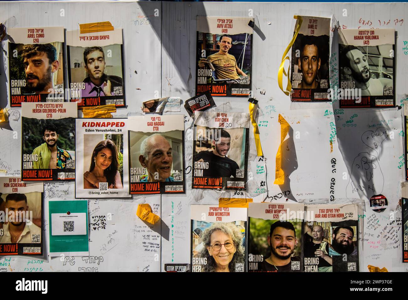 Tel Aviv, Israel, March 4, 2024 Posters depicting the faces of hostages ...