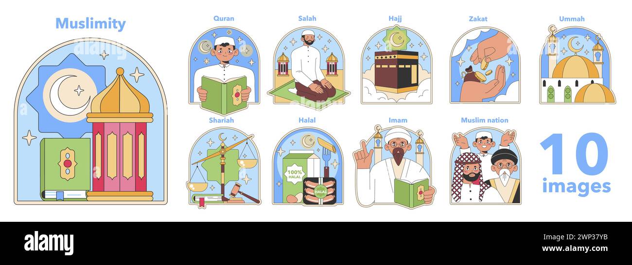 Muslimity set. Illustrations of Islamic practices, including reading ...