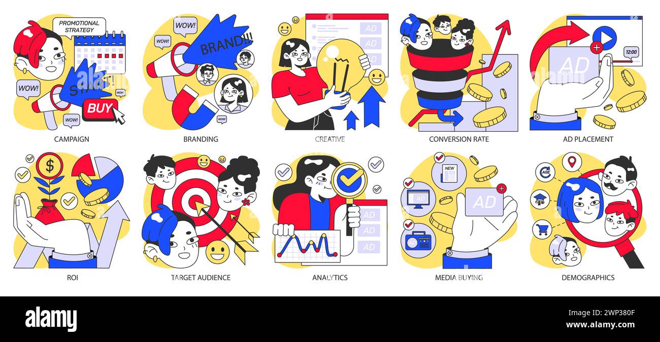 Advertising agency set. Strategies and targets in marketing. Dynamics ...