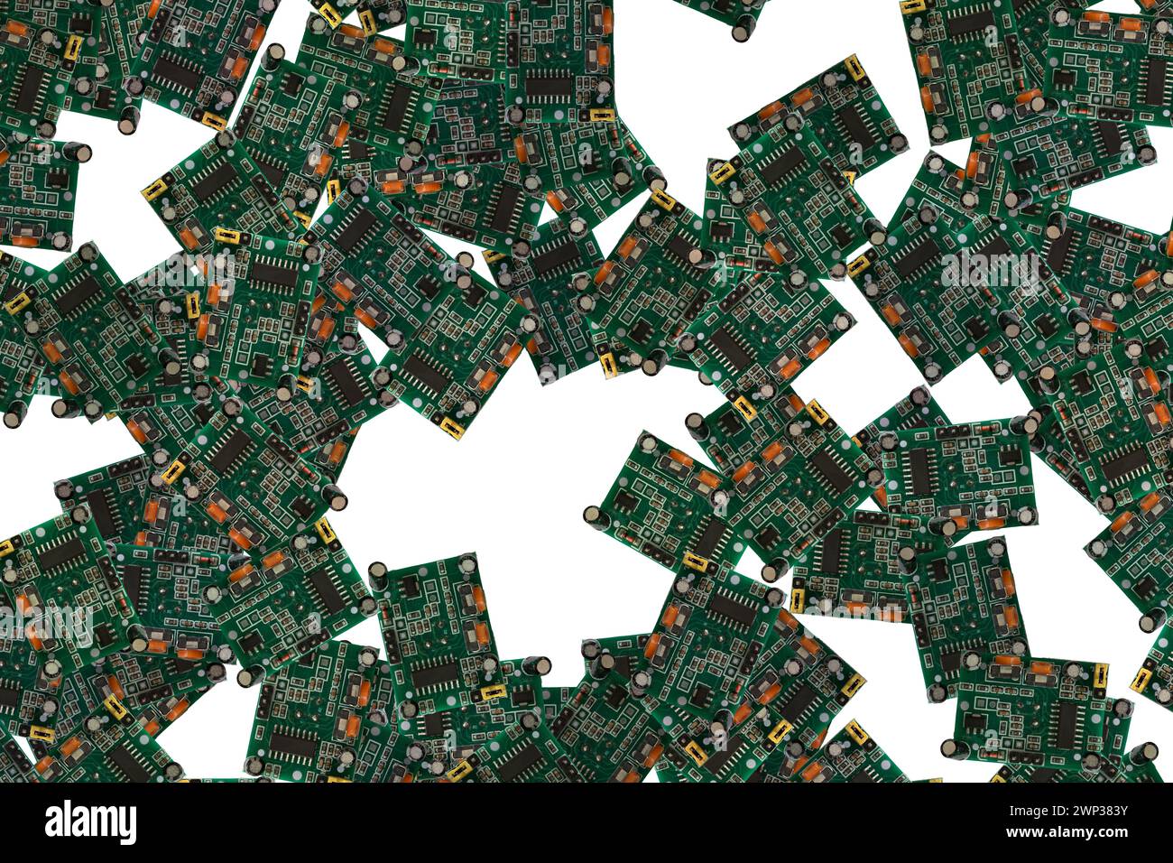 Computer circuit boards arranged randomly on white background Stock ...