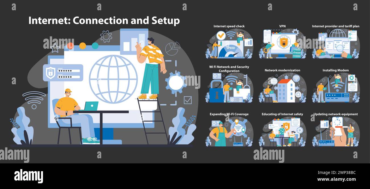 Wi-Fi network dark or night mode set. Specialist setting up, developing ...