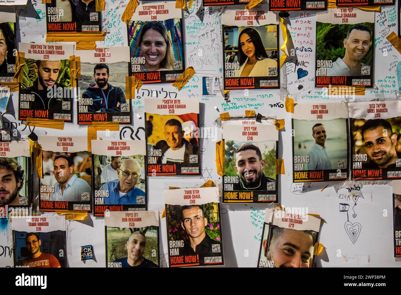Tel Aviv, Israel, March 4, 2024 Posters depicting the faces of hostages ...