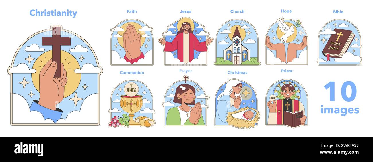 Christianity set. Sacred symbols and religious practices. Belief in ...