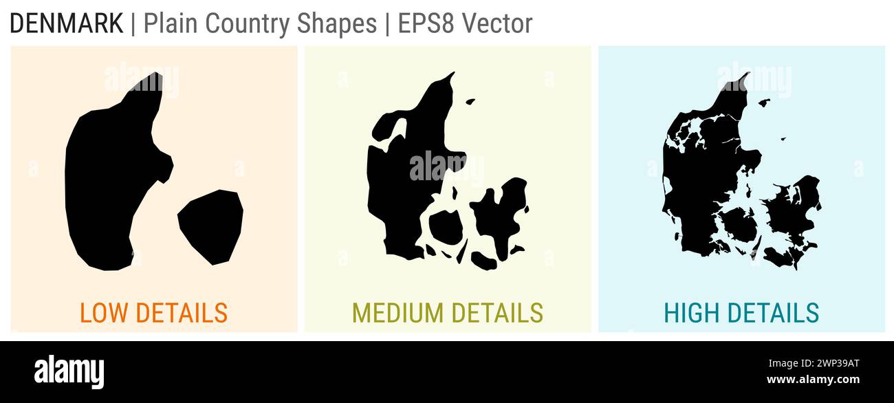 Denmark - plain country shape. Low, medium and high detailed maps of Denmark. EPS8 Vector ...