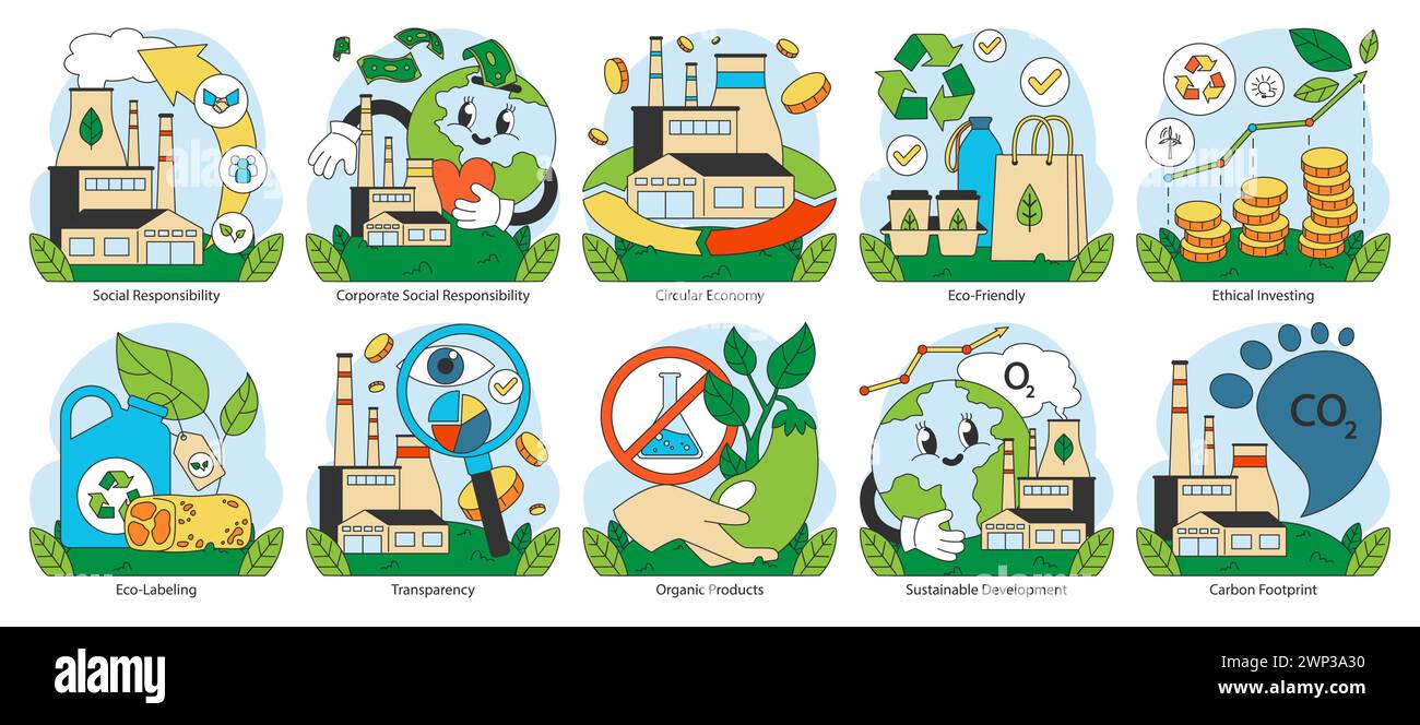 Ethical consumption set. Highlights responsible business practices and ...