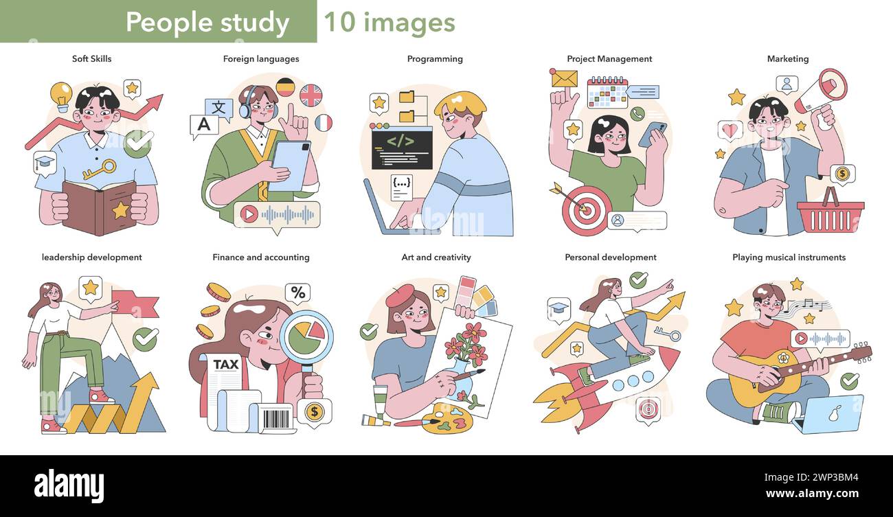 Lifelong learning and skill development set. Diverse people engaged in ...