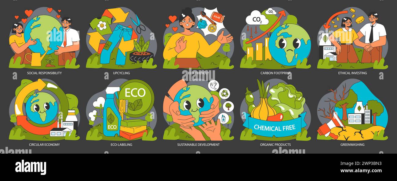 Conscious or ethical living dark or night mode set. Sustainable ...