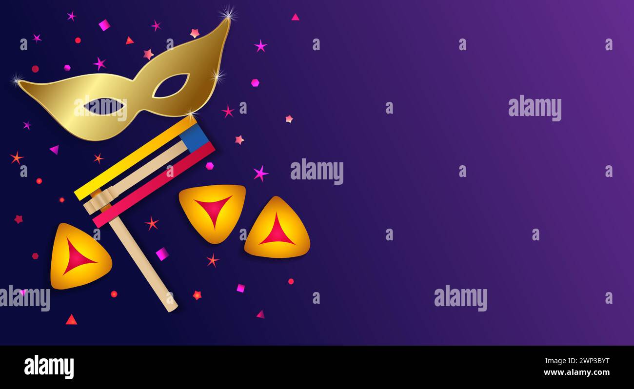 Purim violet background with golden carnival mask raashan and ...
