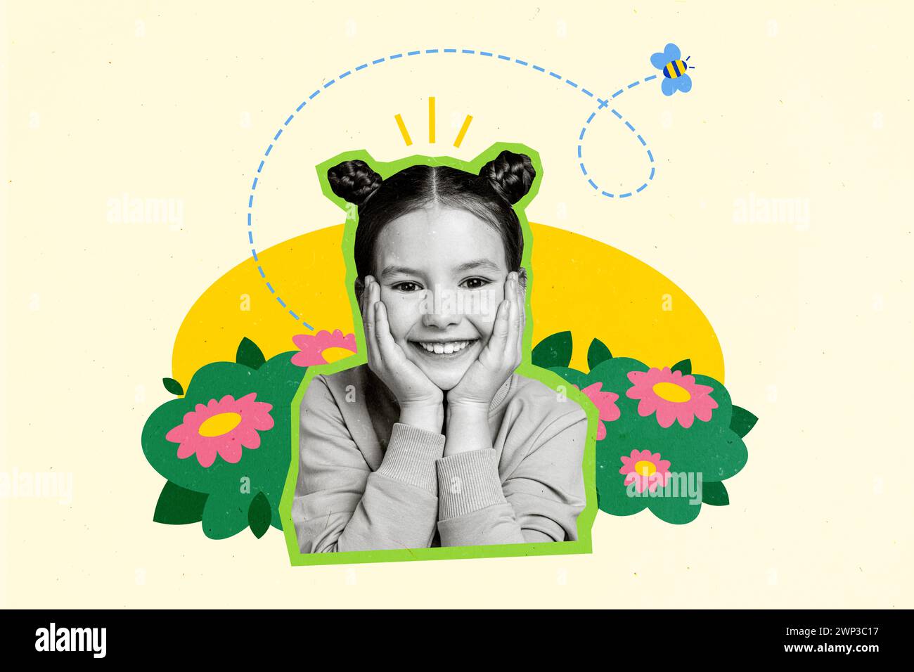 Photo comics sketch collage picture of happy smiling kid arms cheeks ...