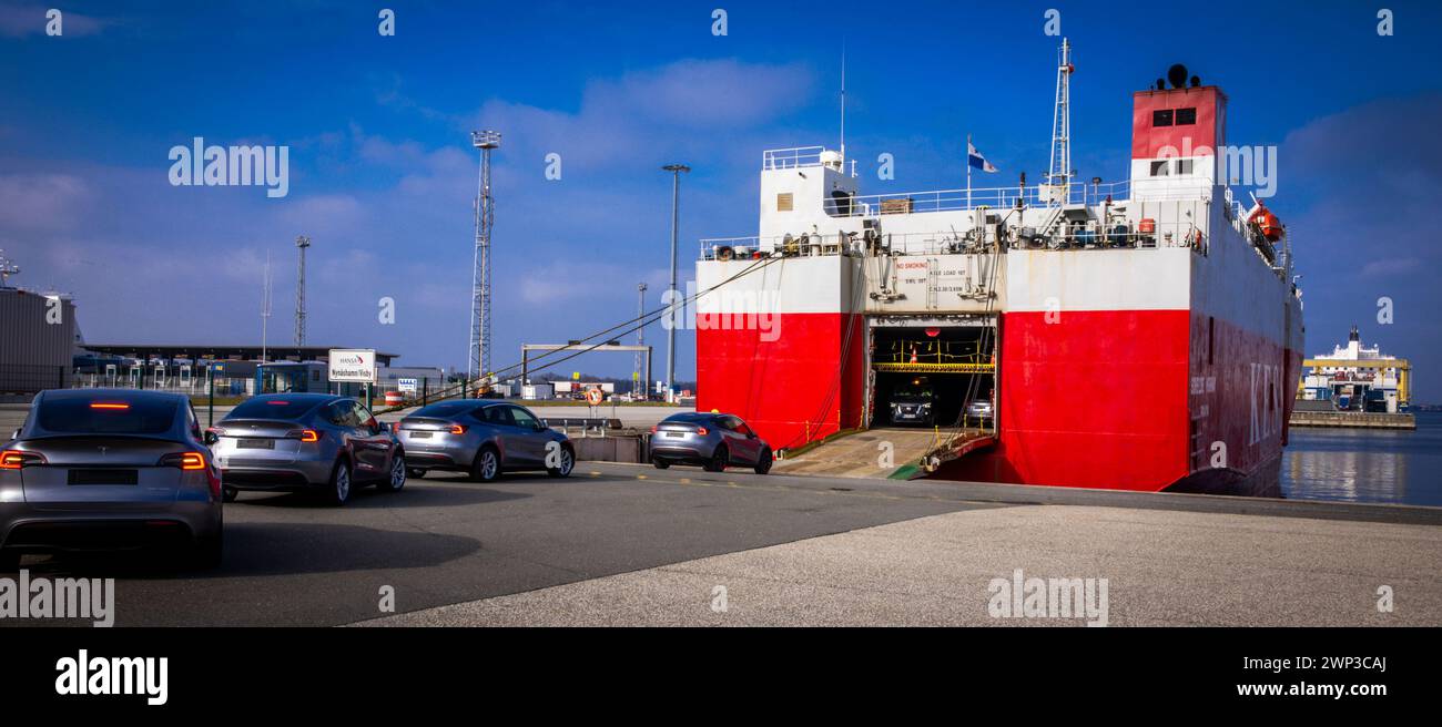 Rostock, Germany. 28th Feb, 2024. Brand-new Tesla electric cars are ...