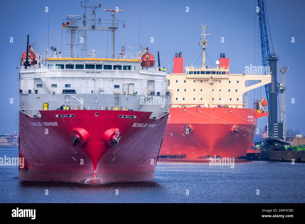 Rostock, Germany. 28th Feb, 2024. The car carrier "Schelde Highway" arrives at the overseas port ...