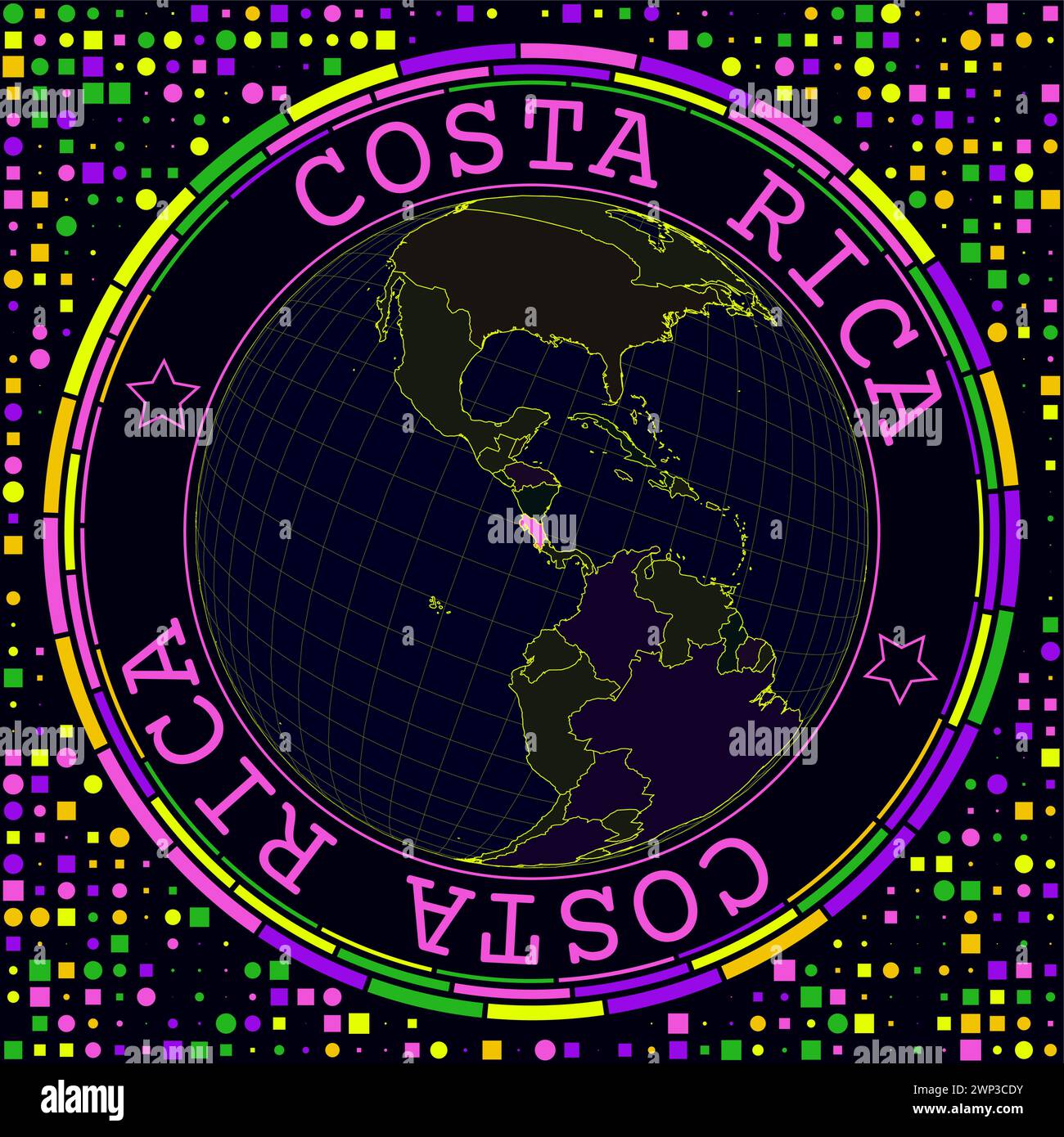 Futuristic Costa Rica on globe. Bright neon satellite view of the world ...