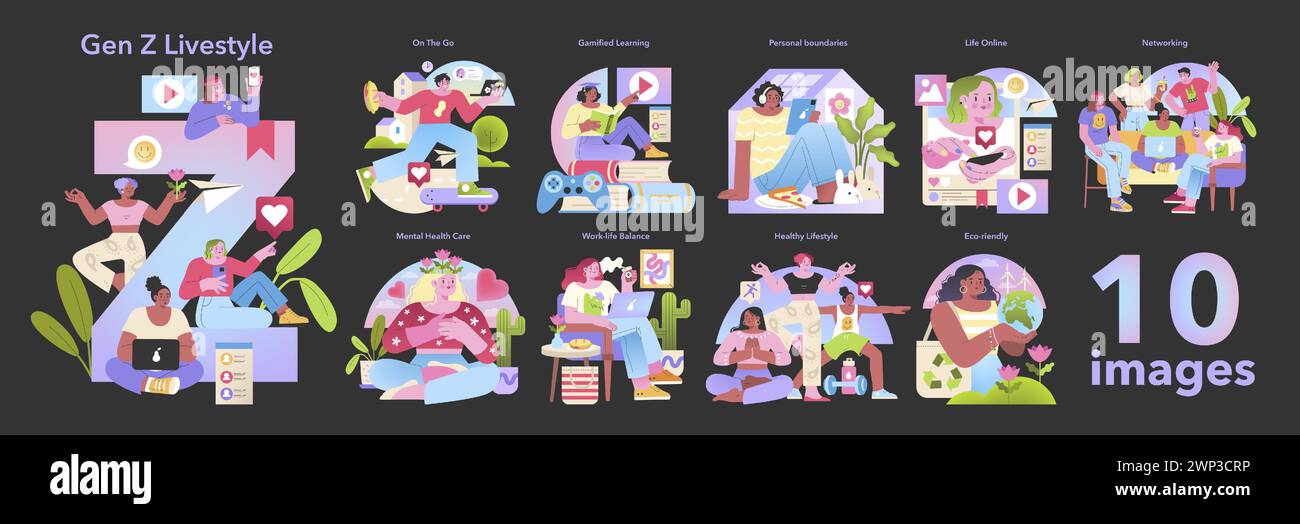Gen Z Lifestyle set. Digital natives engaging in modern activities ...