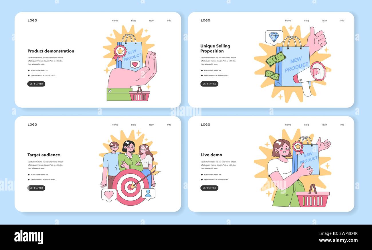Product Launch Series set. Illustrates product demonstration, unique ...