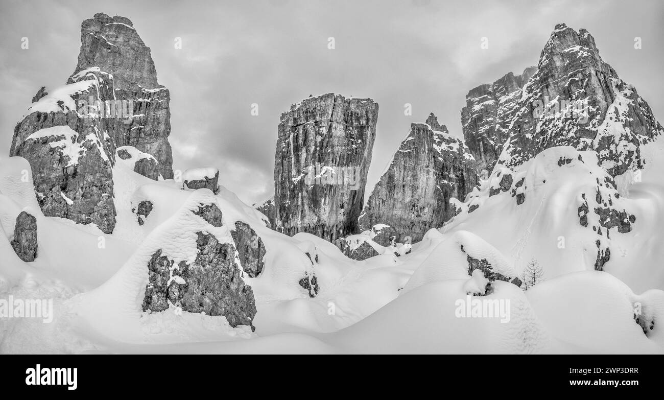 This winter image is of Cinque Torri towers, giant sized Dolomite ...
