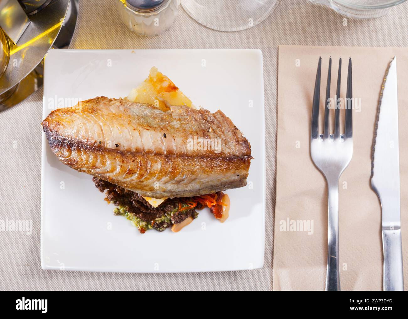Top view of roasted scomber fillet with potatoes Stock Photo - Alamy