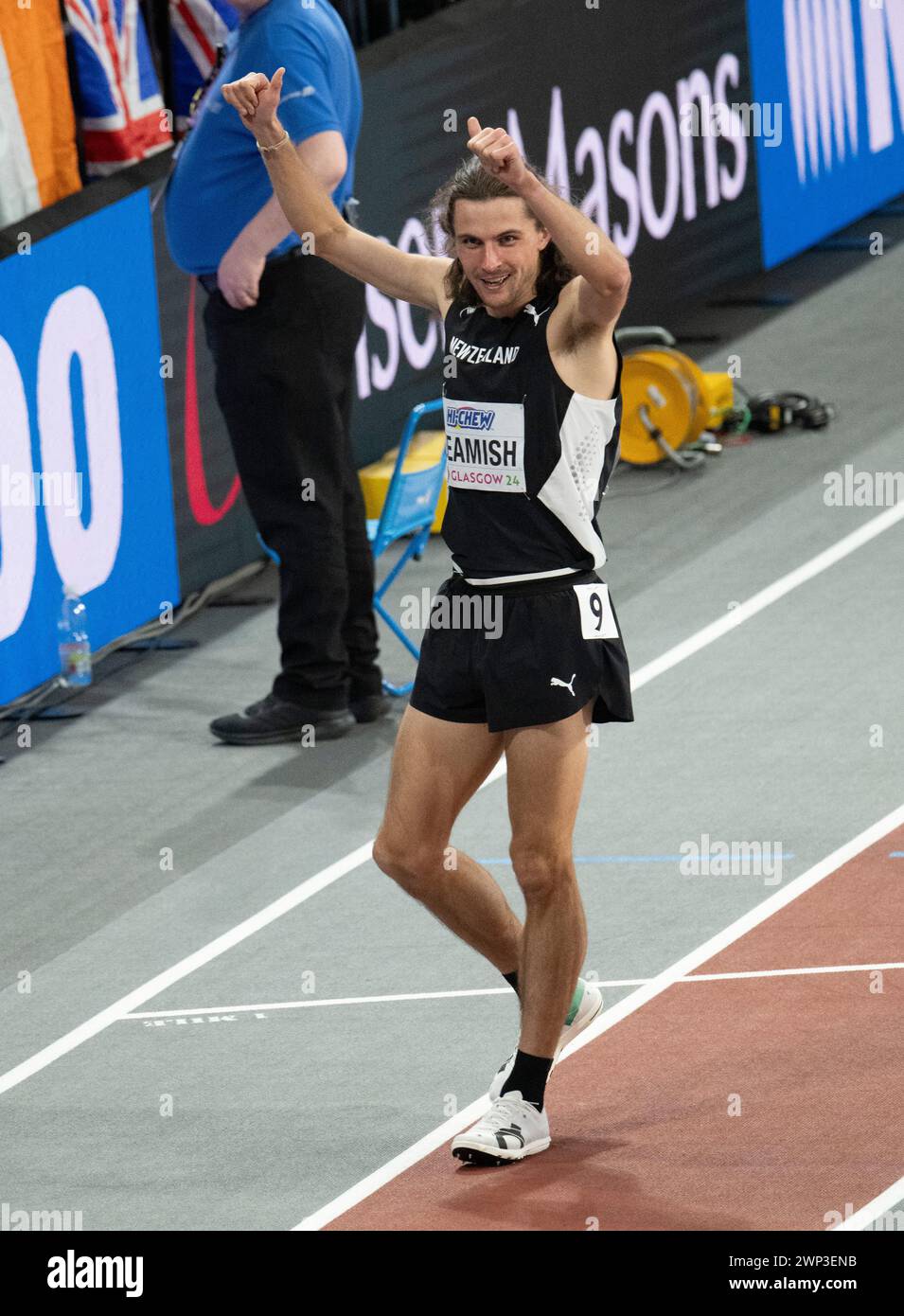 Geordie Beamish of New Zealand celebrates his win the 1500m men’s final ...