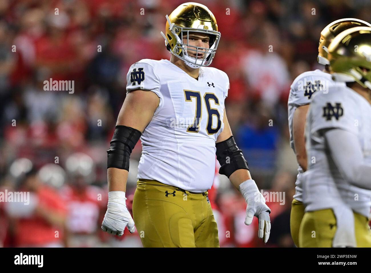 FILE - Notre Dame offensive lineman Joe Alt lines up during the fourth ...