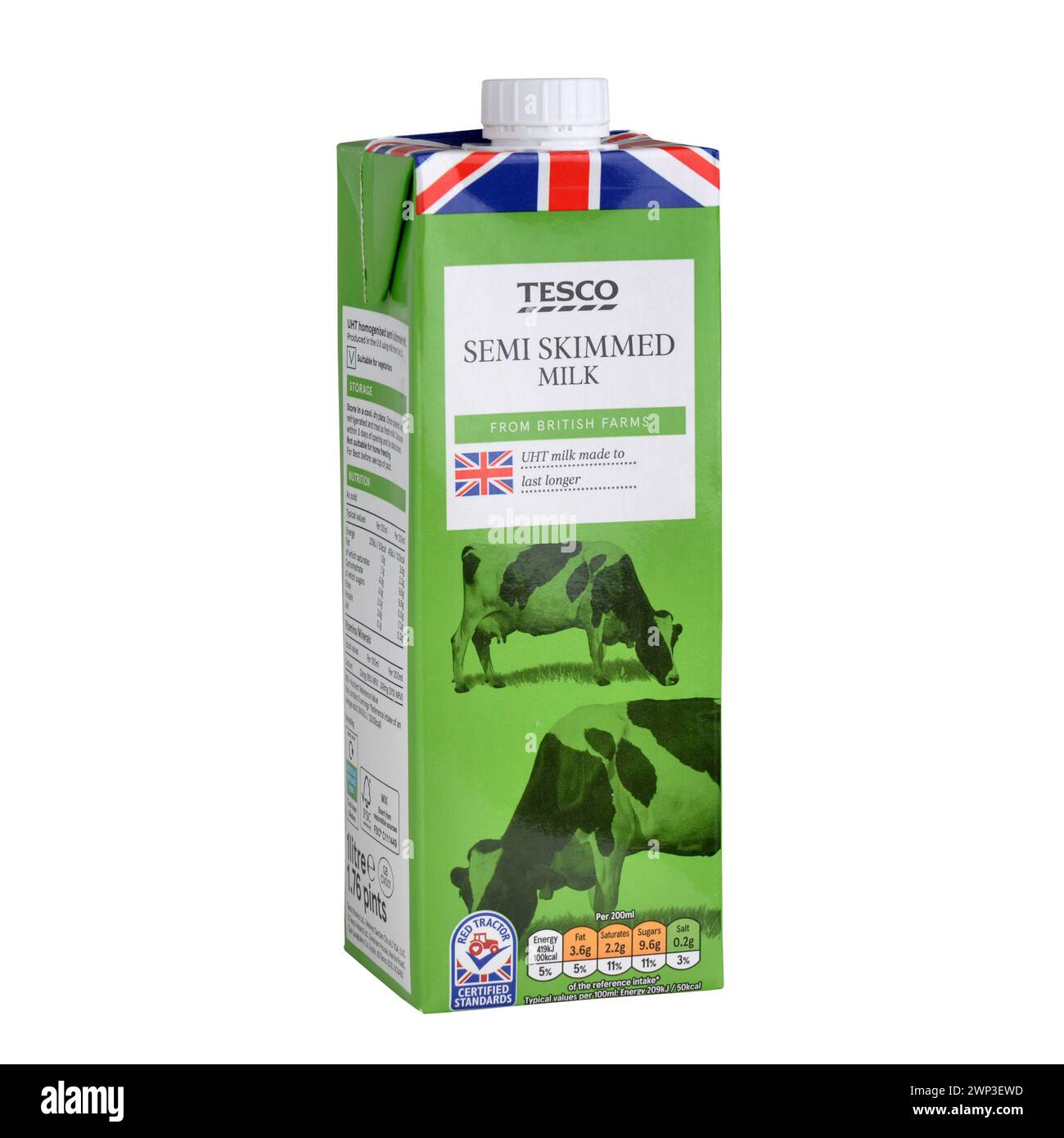 Carton of Tesco brand Long Life UHT Semi Skimmed Milk isolated on white ...