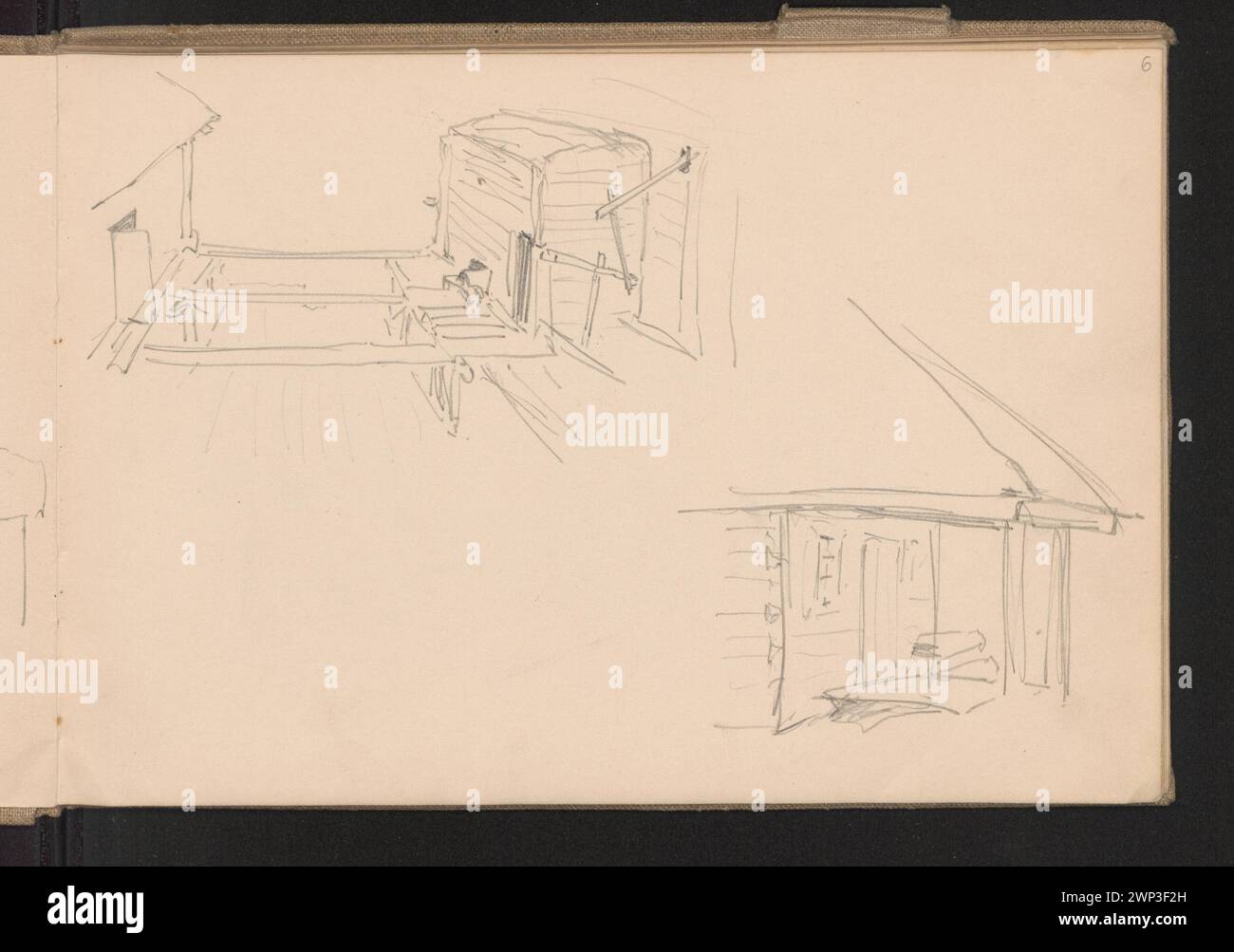 A 1898 sketch showing two fragments with a river, inclined building ...