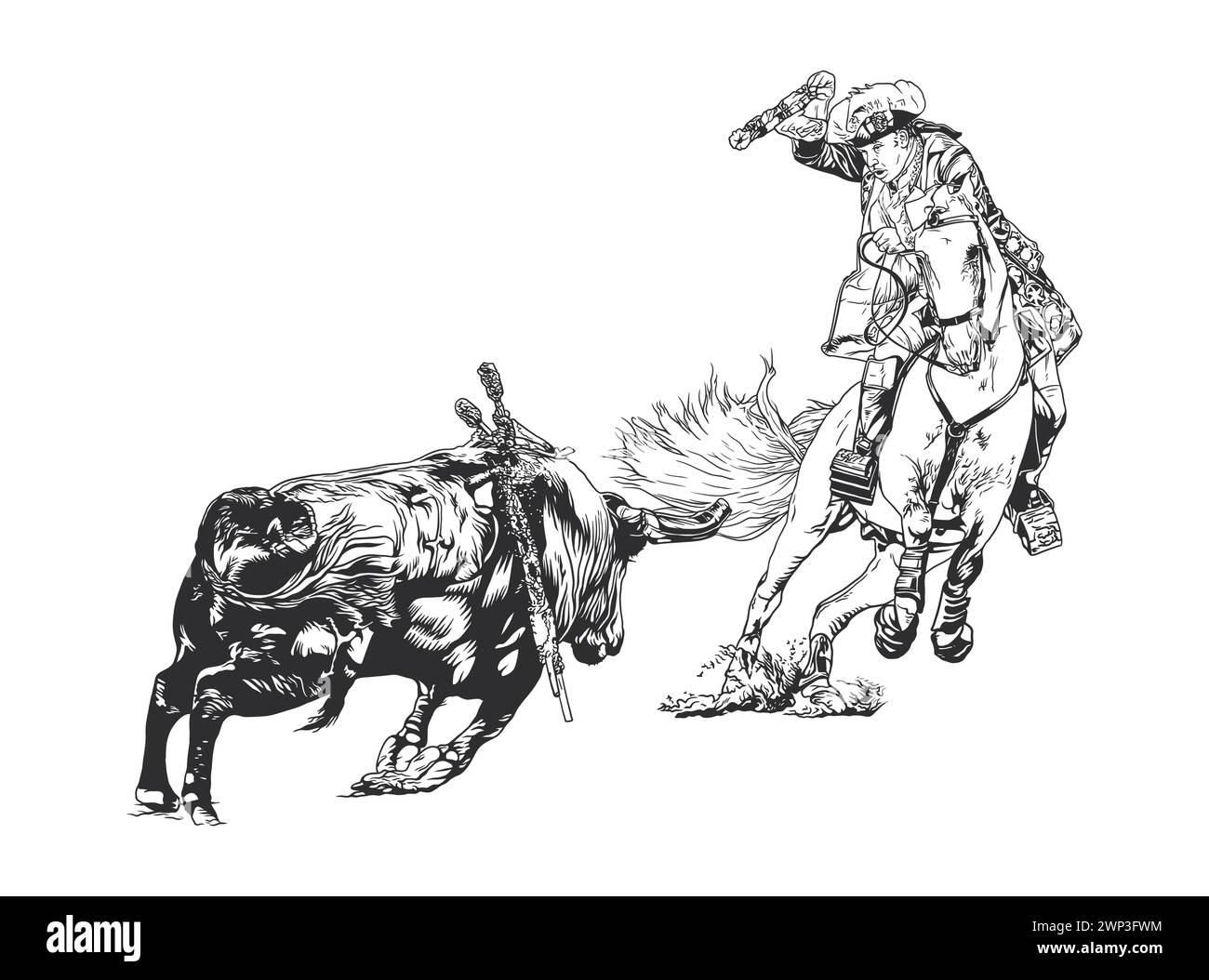 A detailed illustration of a cowboy and horse dodging a bull at a rodeo ...