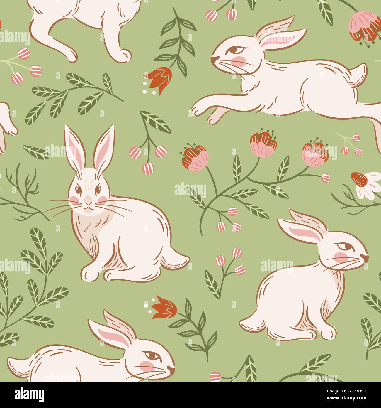 Easter running and sitting rabbits, seamless pattern. Vintage Blooming cherry, bearberry ...
