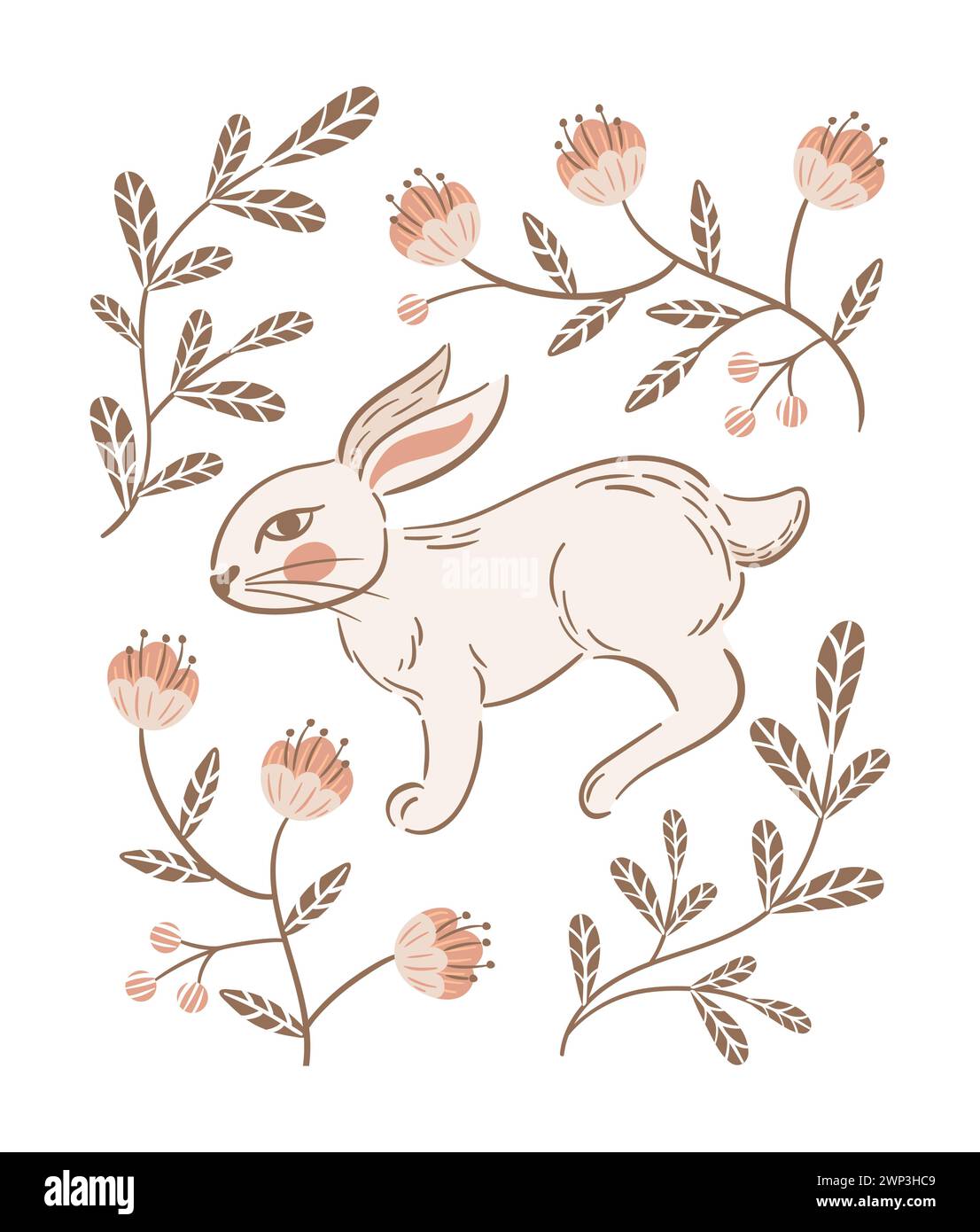 Easter bunny. Vintage Blooming cherry, bearberry. Stylized retro ...