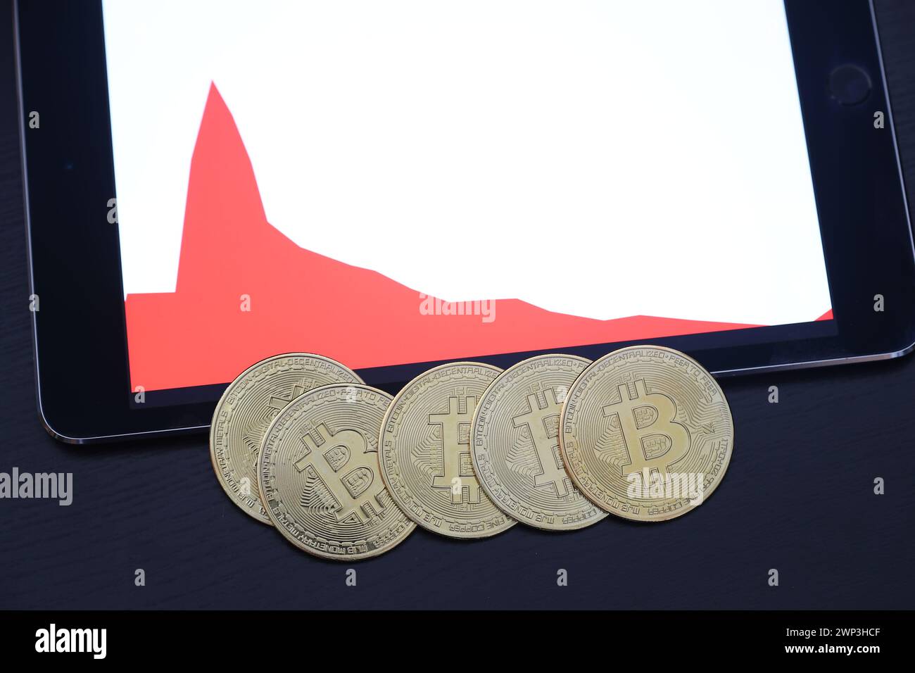 Symbolbild: Bitcoins vor einem Tablet mit Finanzdaten - Der Bitcoin ...