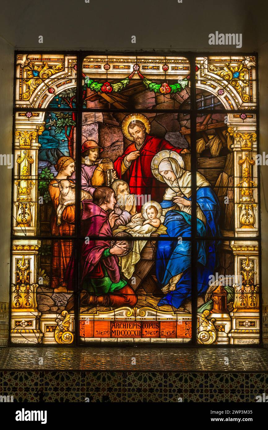Stained glass window in the Church of Our Lady of Mercy in the old ...