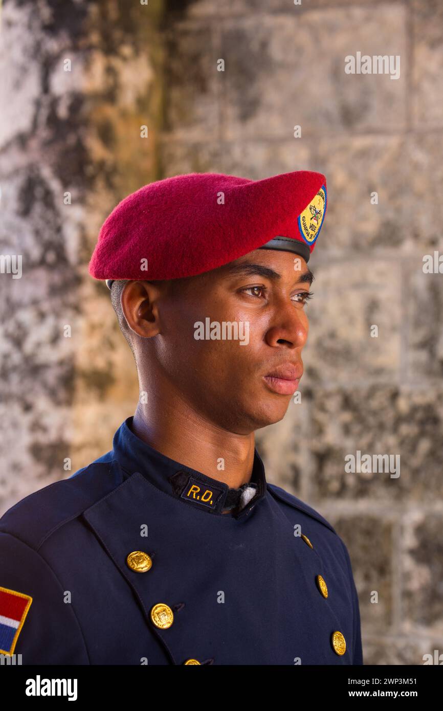 A Dominican military honor guard at the entrance to Independence Park ...