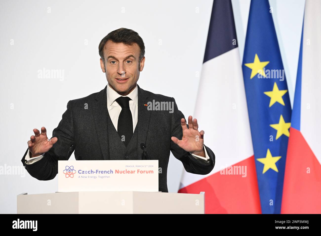 French President Emmanuel Macron speaks during the Czech-French Nuclear ...