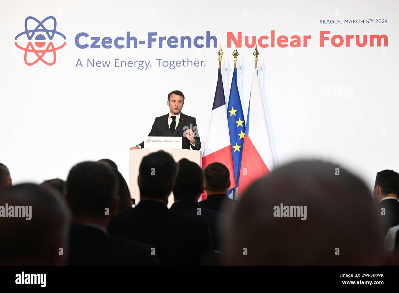 French President Emmanuel Macron speaks during the Czech-French Nuclear ...
