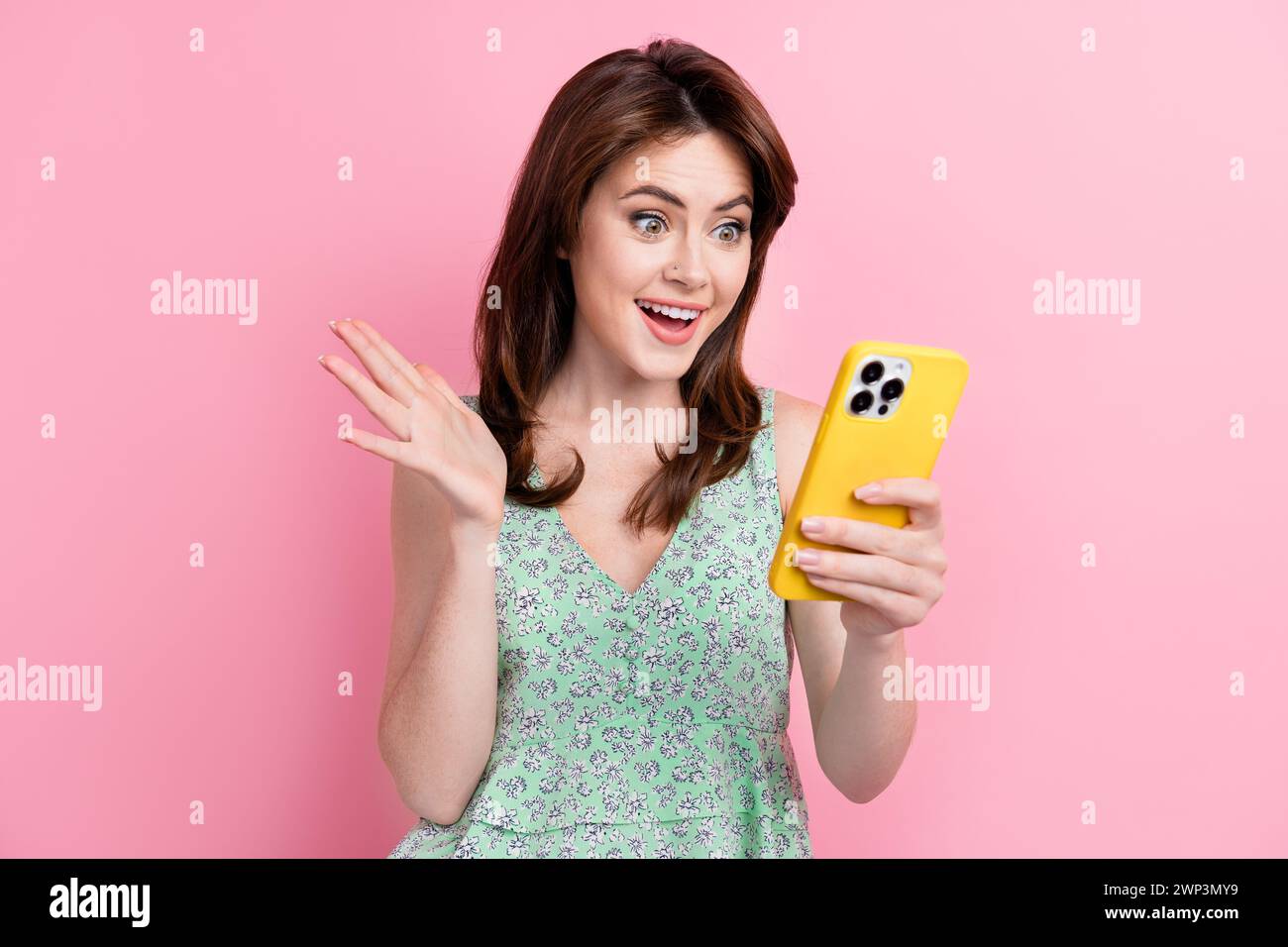 Photo of cheerful lovely girl dressed trendy clothes speaking with ...